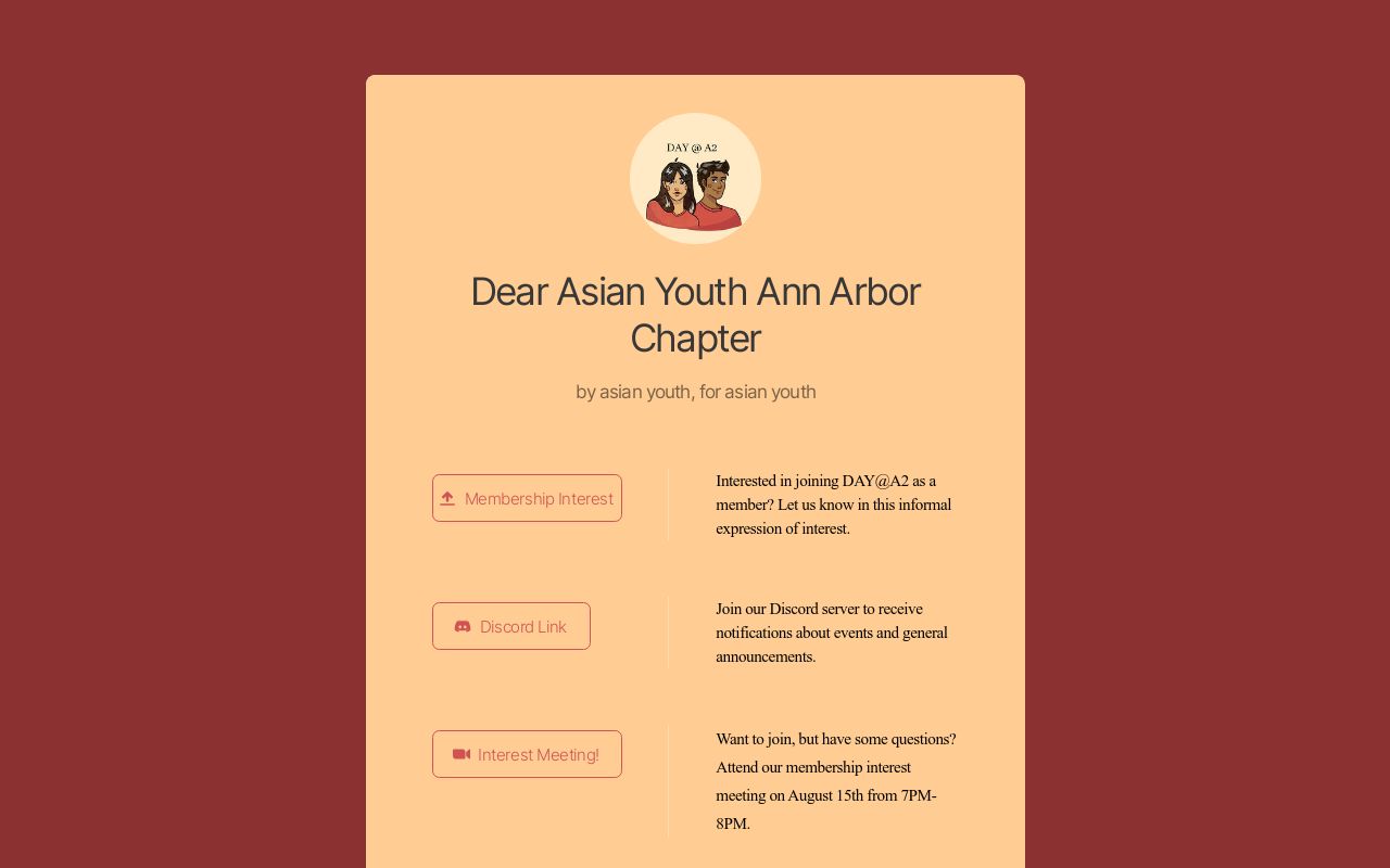 Dear Asian Youth Ann Arbor Chapter